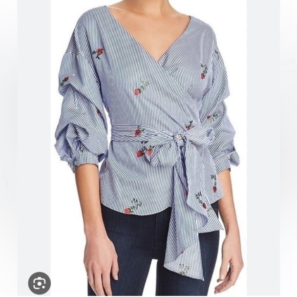 Aqua | Tops | Aqua Embroidered Rose Striped Wrap Top With Bow | Poshmark